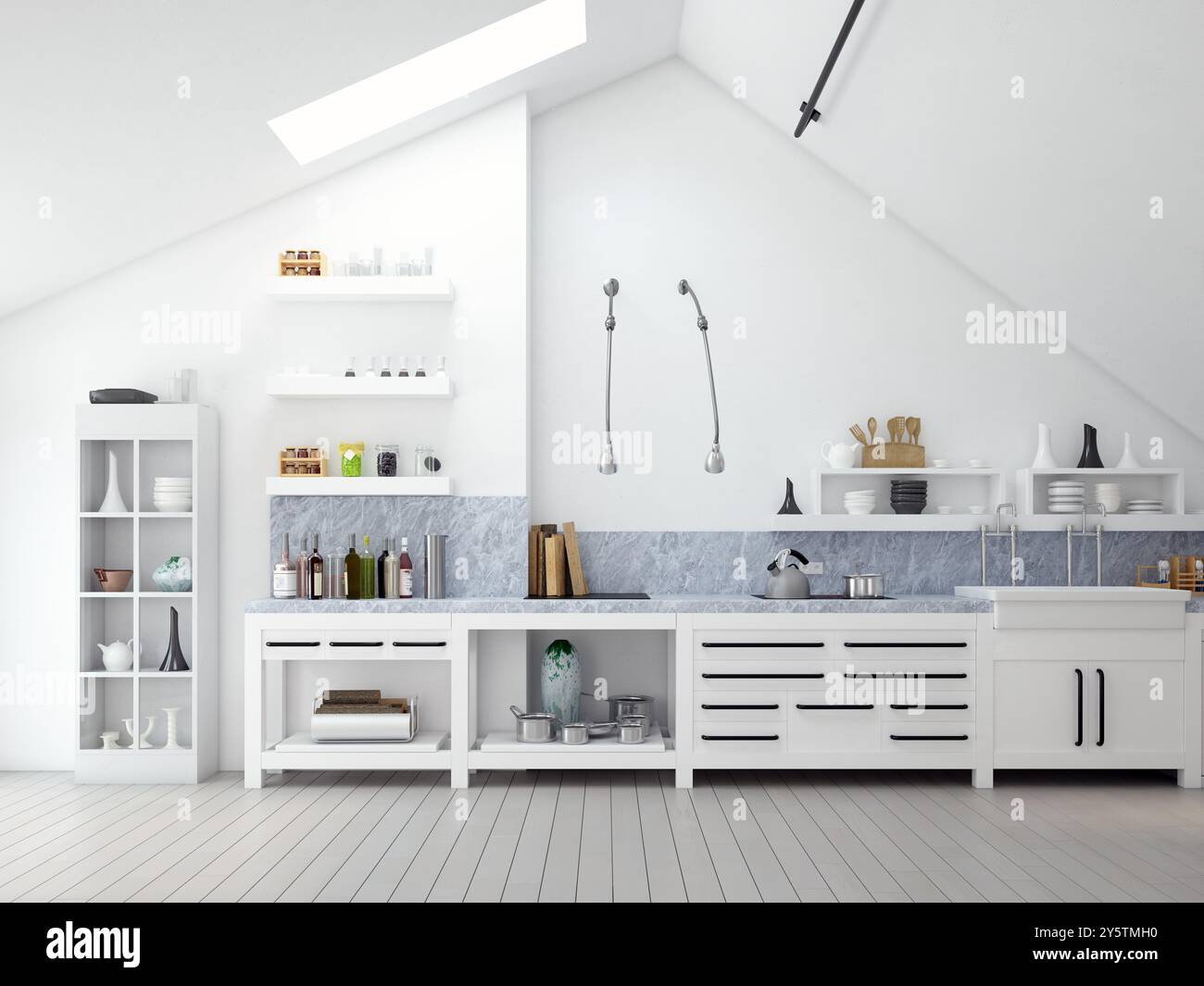 Minimalist white kitchen with sleek design and natural light. 3d render ...