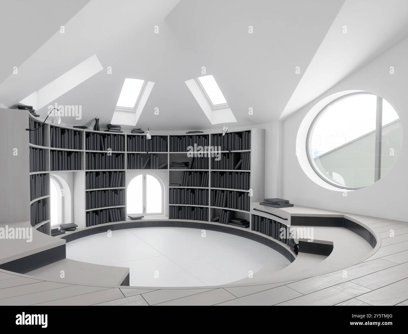 Interior of modern library with white walls, concrete floor and ...