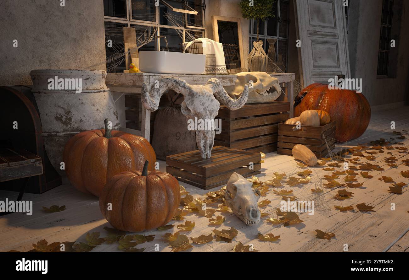 Spooky halloween scene pumpkins candles hi-res stock photography and ...