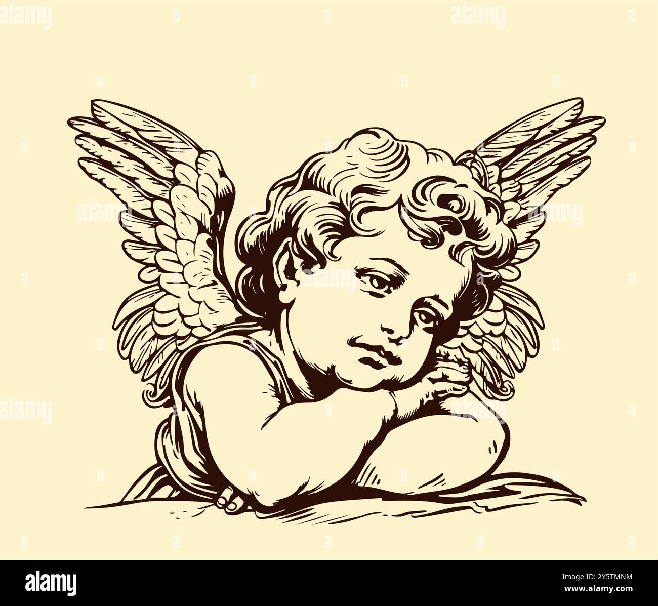 Baby angel line drawing. Isolated white background. Cherub wings ...