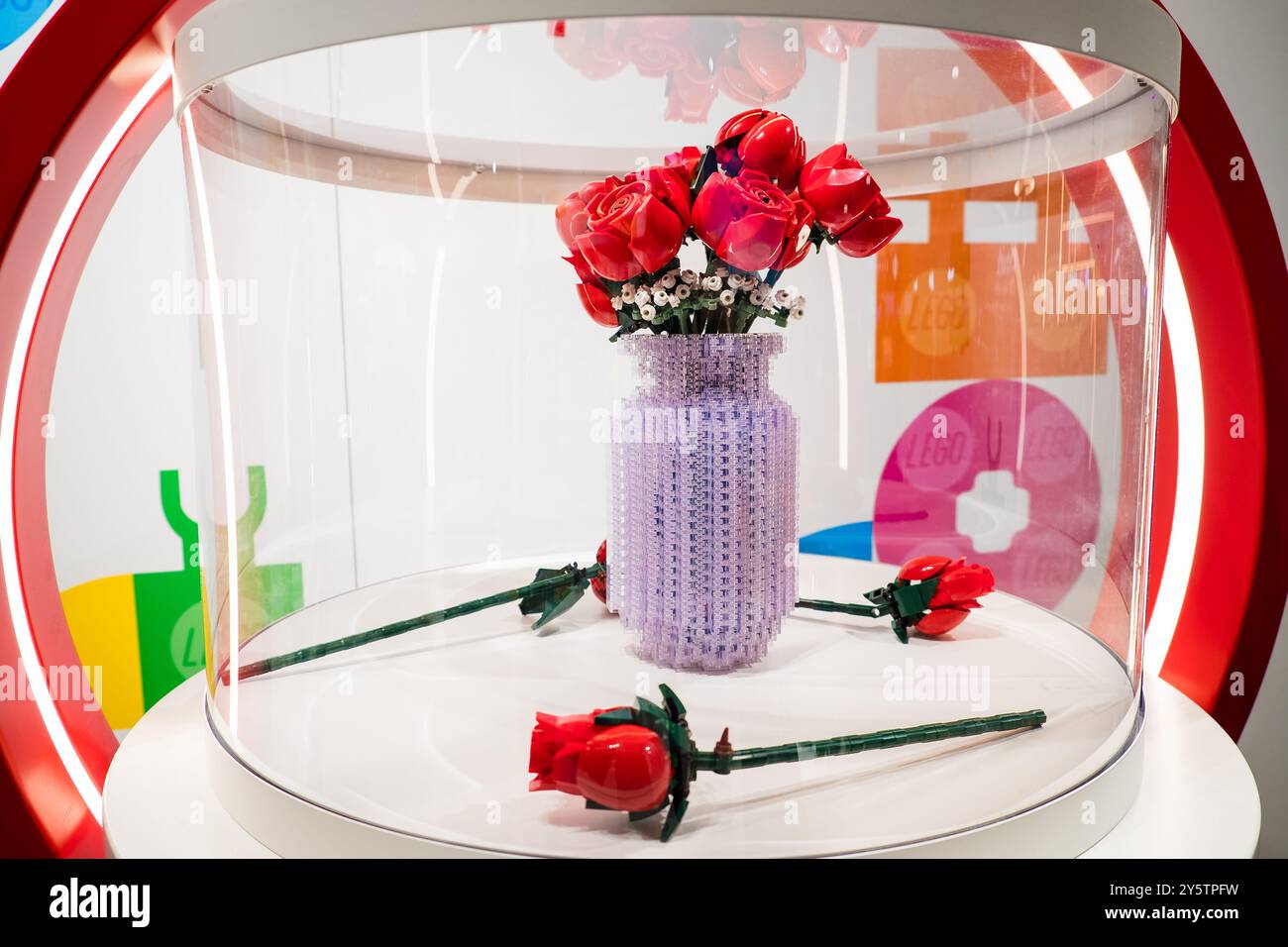 London, UK - July 26, 2024: Huge Lego sculpture of a red roses in vase ...