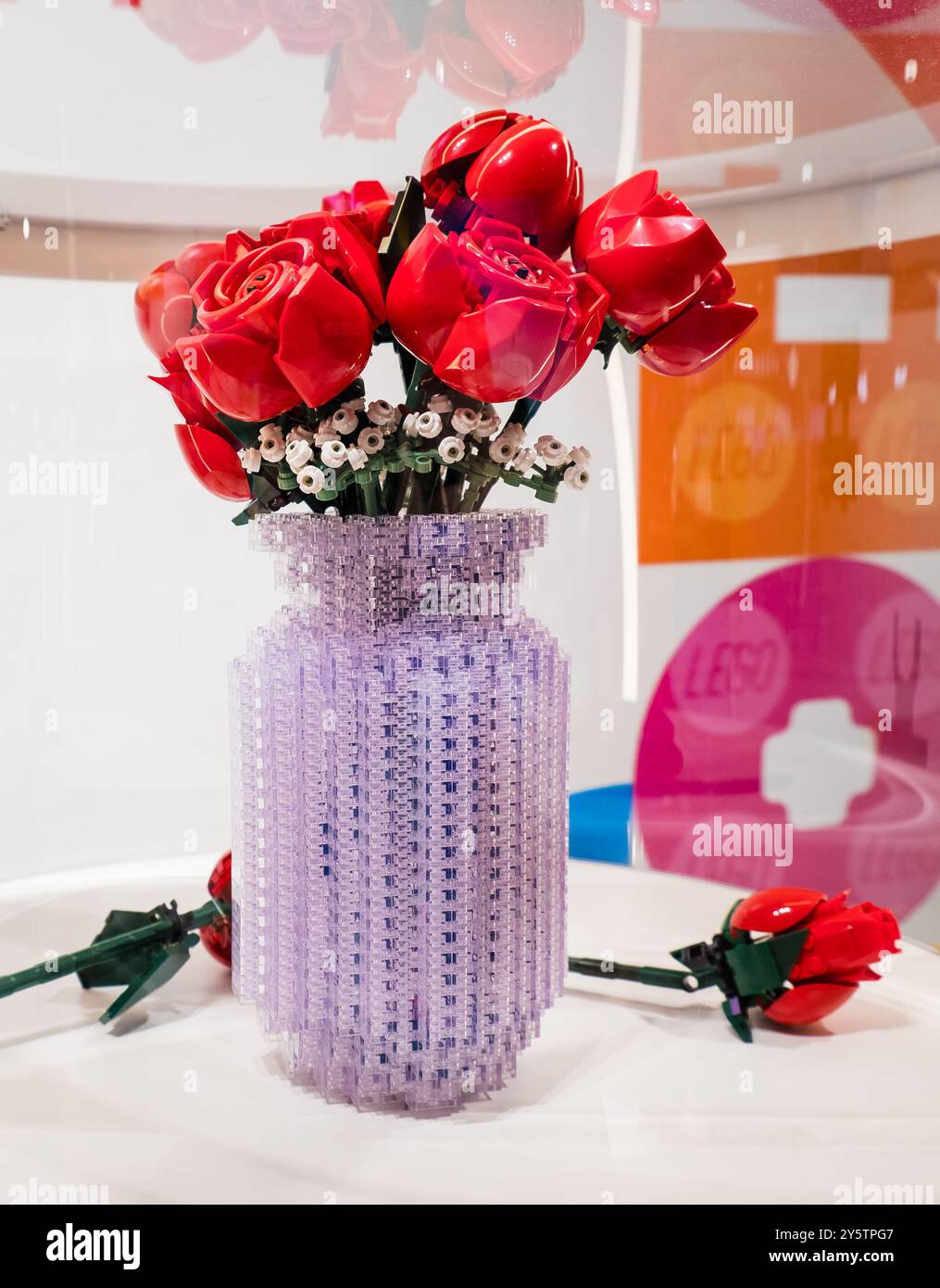 London, UK - July 26, 2024: Huge Lego sculpture of a red roses in vase ...
