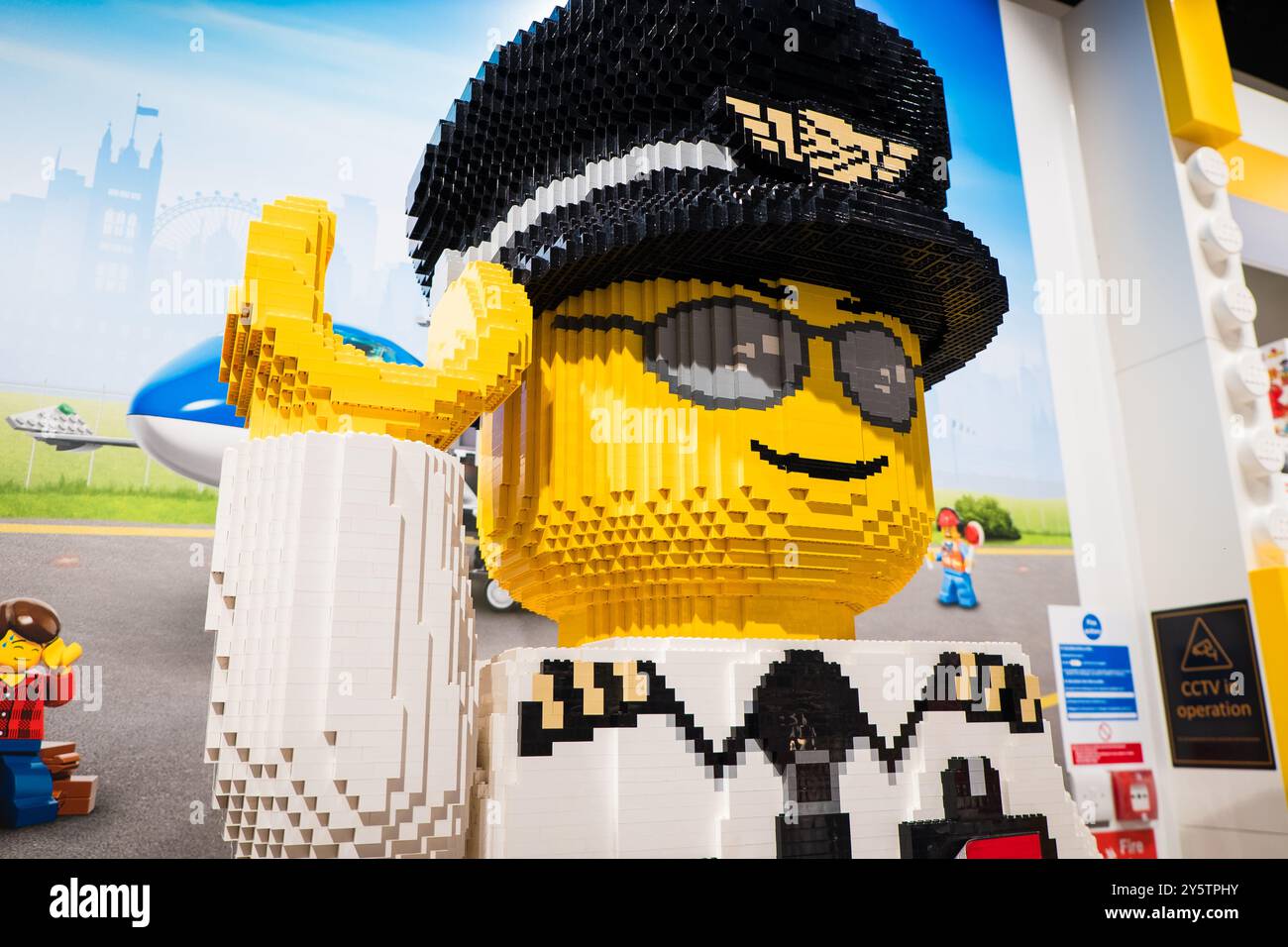 London, UK - July 26, 2024: Huge Lego sculpture of a smiling police man ...