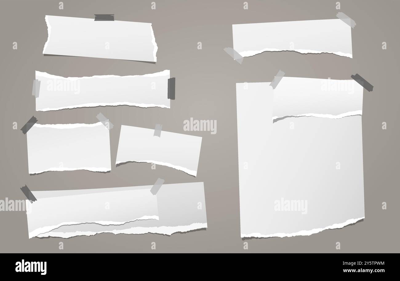Set of torn white note, notebook paper pieces stuck with sticky tape on ...