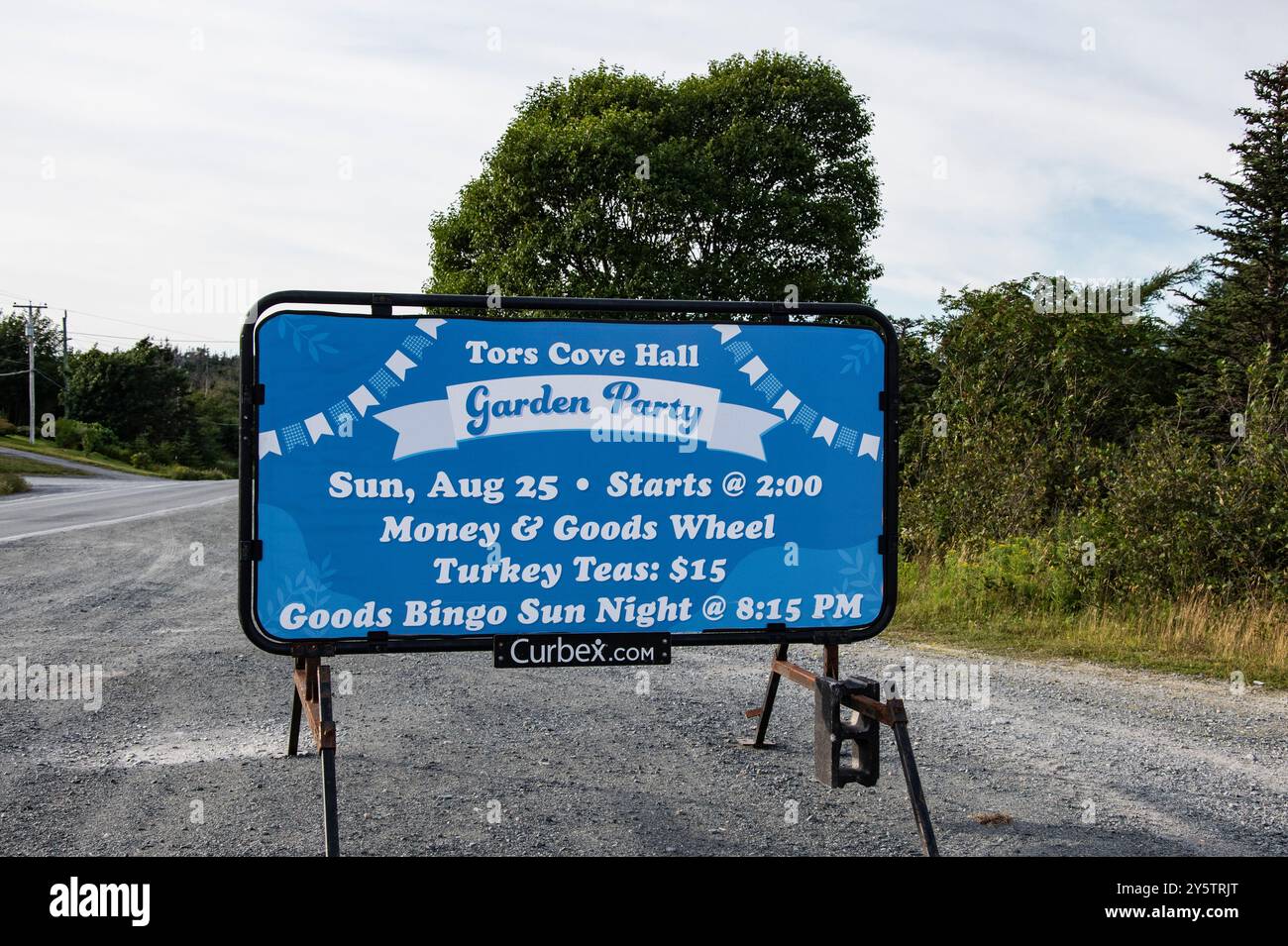 Tors Cove Hall sign advertising a garden party on NL 10 in Tors Cove ...