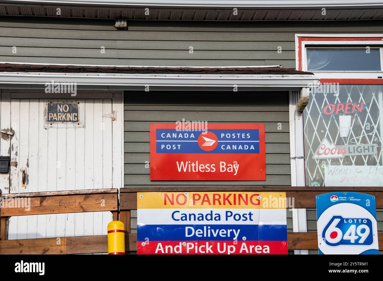 Post office, no parking and lotto 649 signs on NL 10 in Witless Bay ...