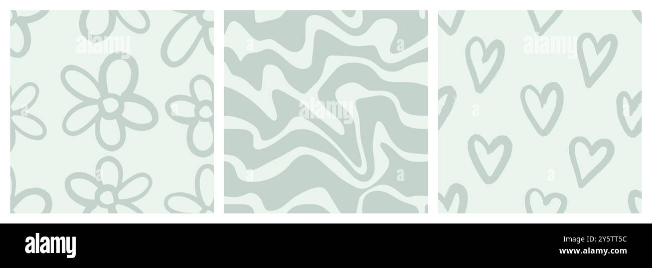 Naive playful seamless pattern set with doodle Hearts, Daisy and Wavy ...