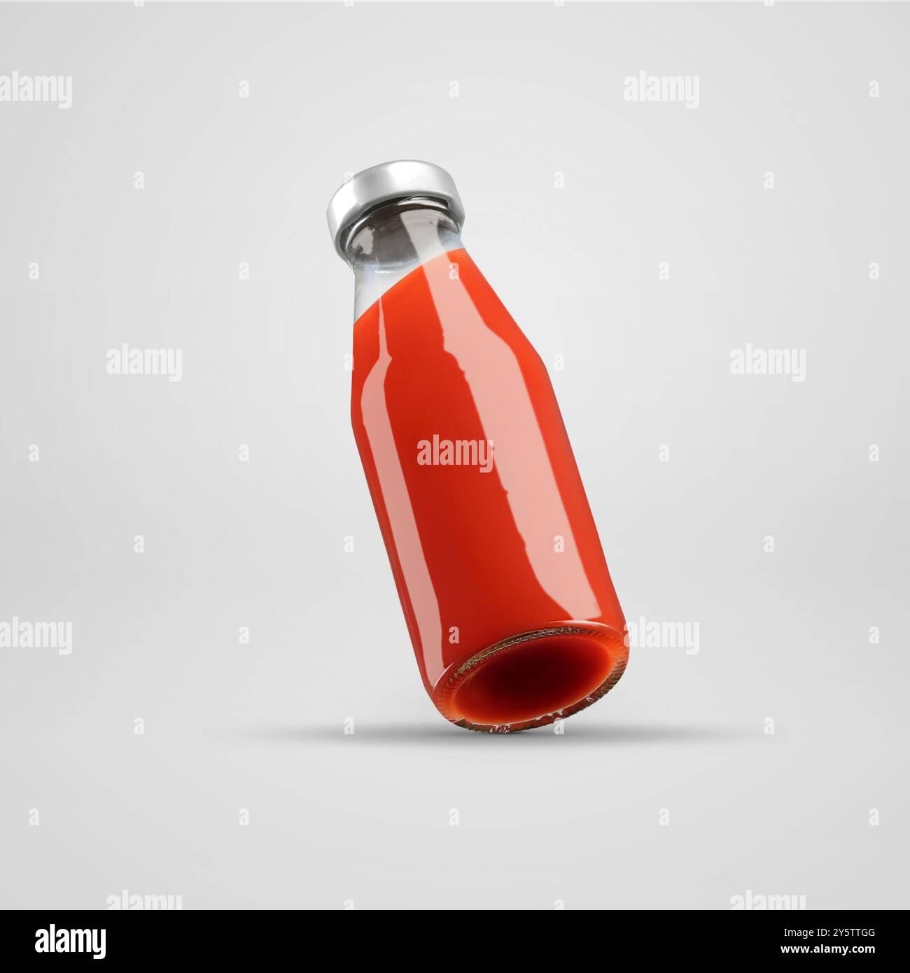 Mockup of transparent glass bottle with tomato juice, jar with metal ...