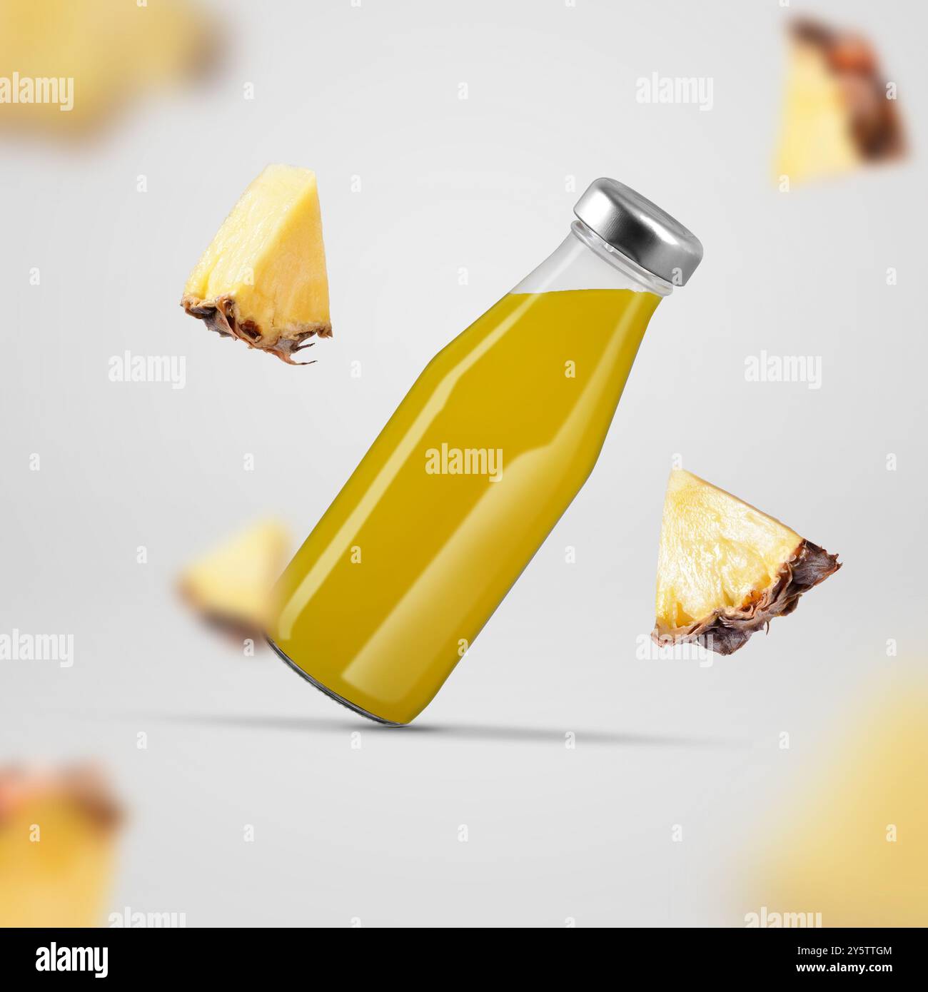 Pineapple juice glass bottle template, flying blurred fruit pieces, jar ...