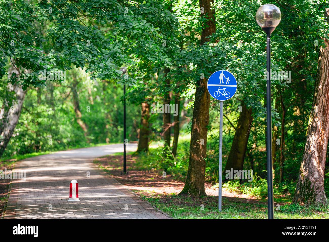 City park entrance. Foot and bicycle path sign. Natural greenery rest ...