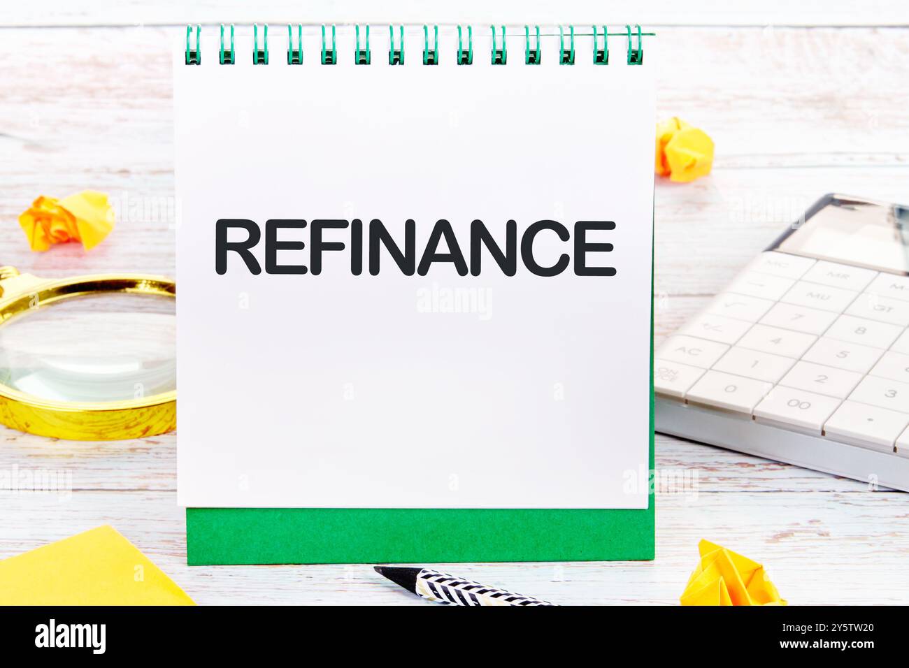 Business and refinance concept. Copy space. Refinance symbol written on ...