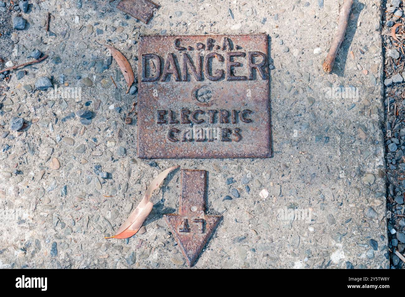 metal warning signal on the ground, danger, electric cables, Booderee ...