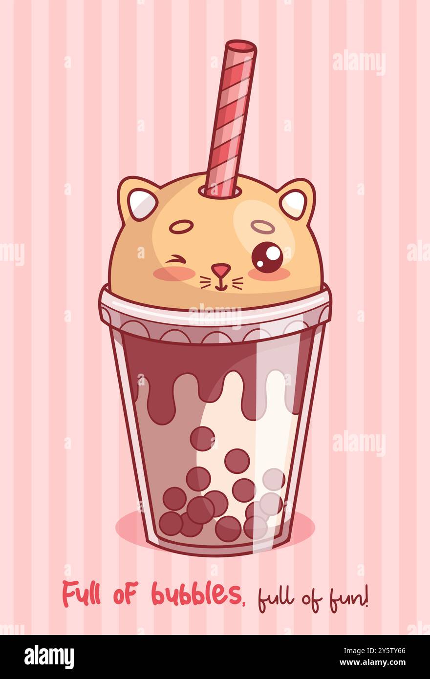 Cute cat drink. Funny glass of Bubble Tea with straw. Cartoon kawaii ...
