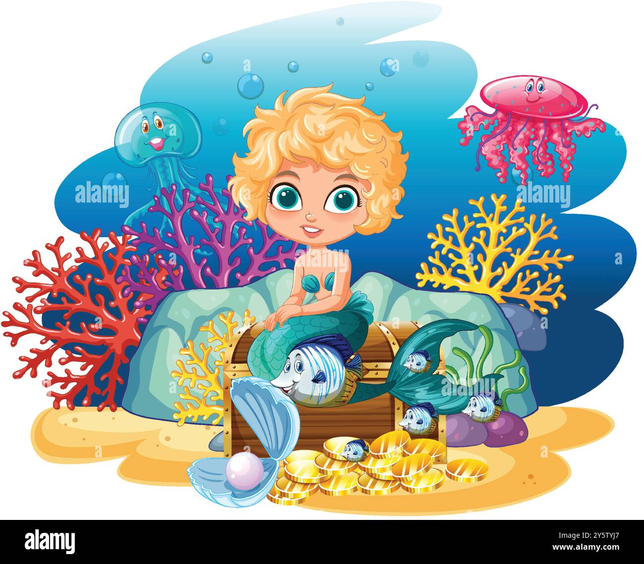 Mermaid with treasure chest and sea creatures Stock Vector Image & Art ...