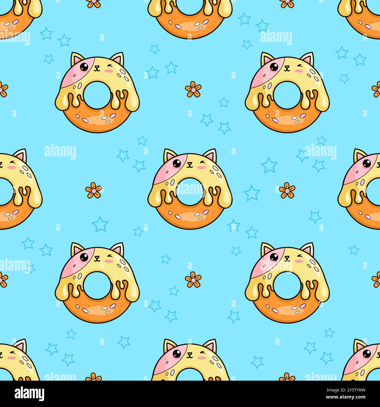 Seamless pattern with cute donut cat. Funny kawaii cartoon character ...