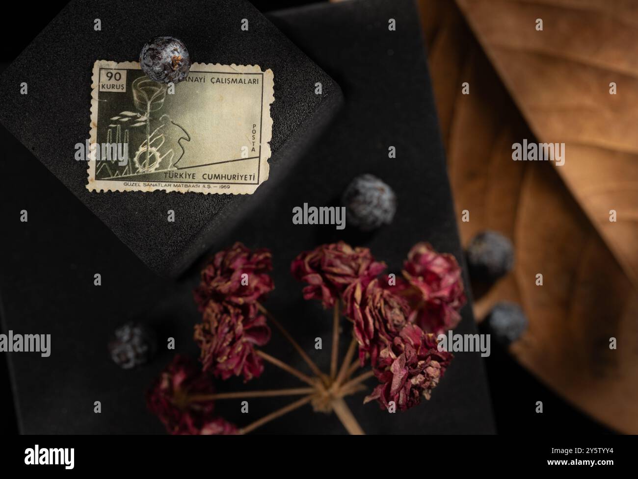 Old postage stamp from the year 1969 with props highlighting the ...