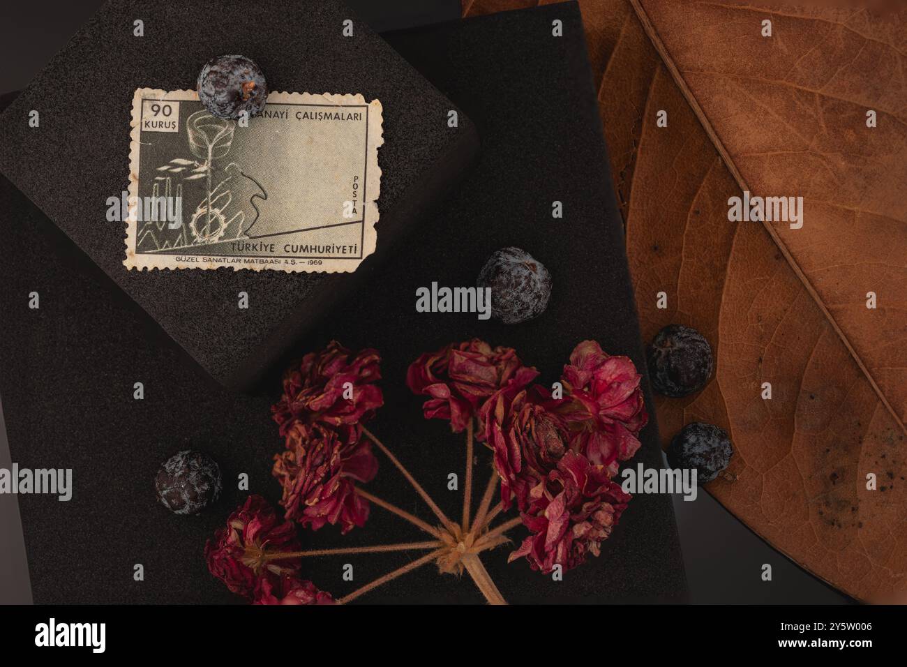 Old postage stamp from the year 1969 with props highlighting the ...