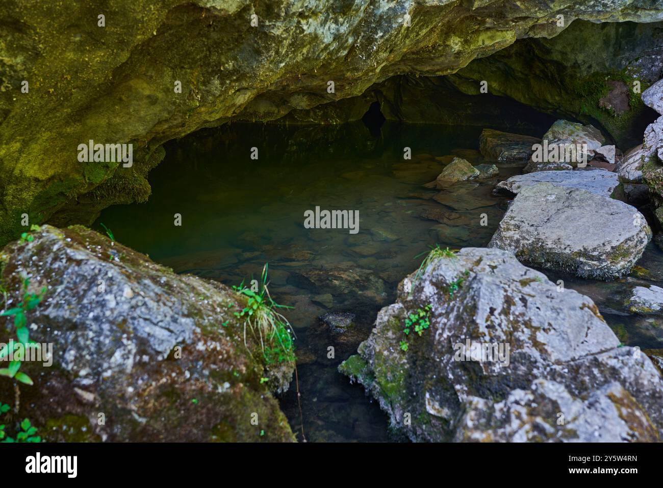 Karstic spring in a cave in the limestone mountains, feeding a river ...