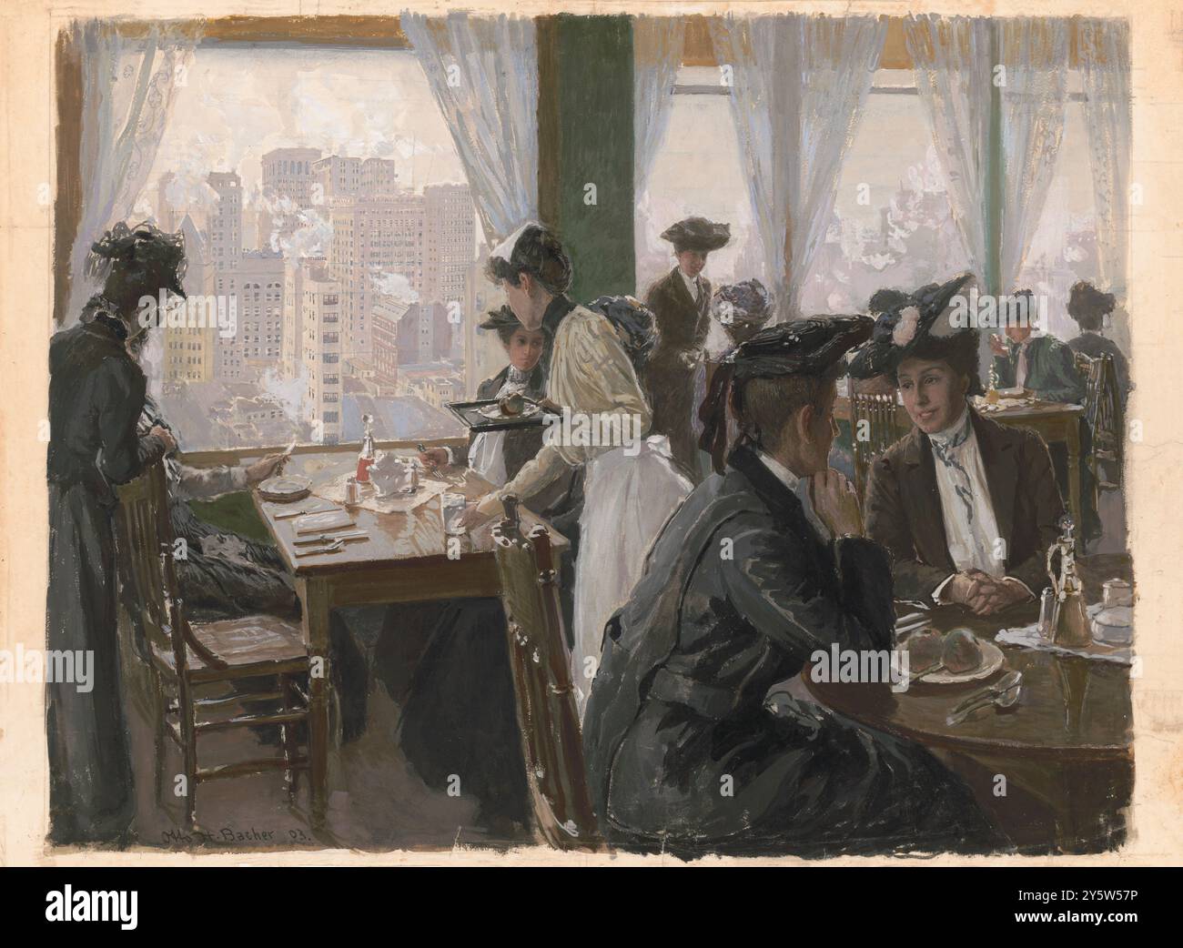Vintage illustration of women in restaurant in high building. 1917 By Otto H. Bacher, 1856-1909 ...