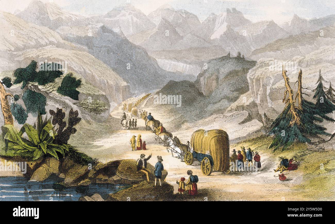 Vintage illustration of emigrant party on the road to California. 1850 ...