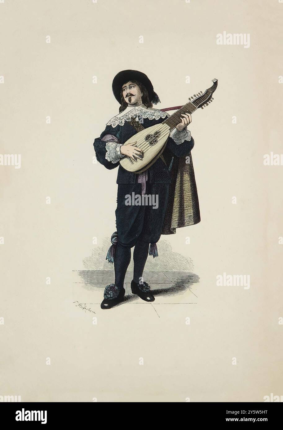 Vintage illustration of Dutch lute player. Around 1635. Historical and ...