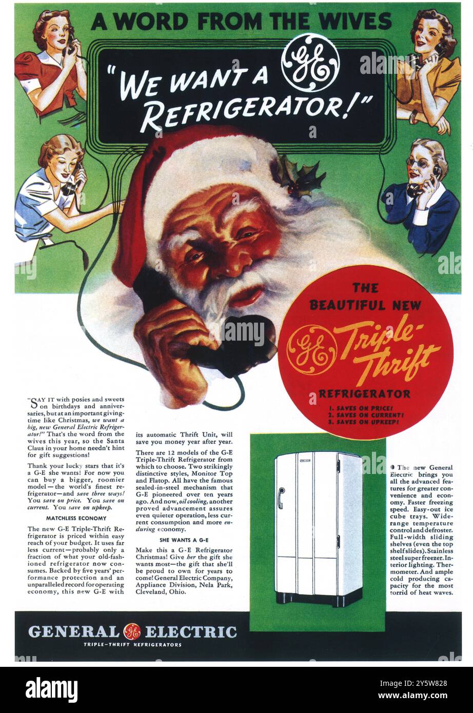 1937 GE General Electric Triple-Thrift Refrigerator Christmas Ad Stock ...