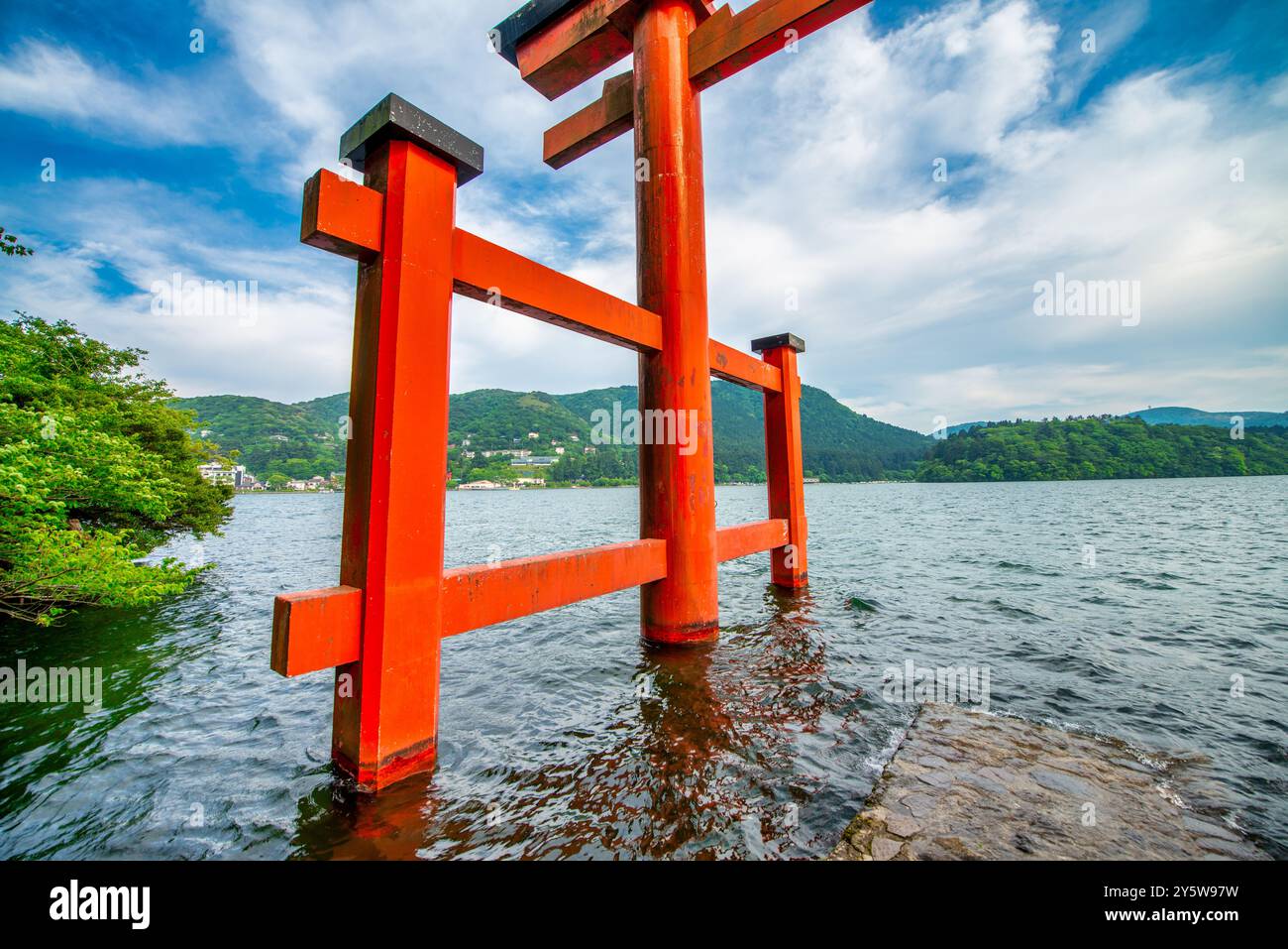 The red torii gate leading to Lake Ashi of Hakone Shrine in Motohakone ...