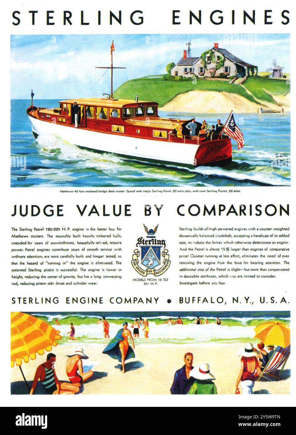 1932 Sterling engine ad with powered 46' Matthews Cruiser Stock Photo ...