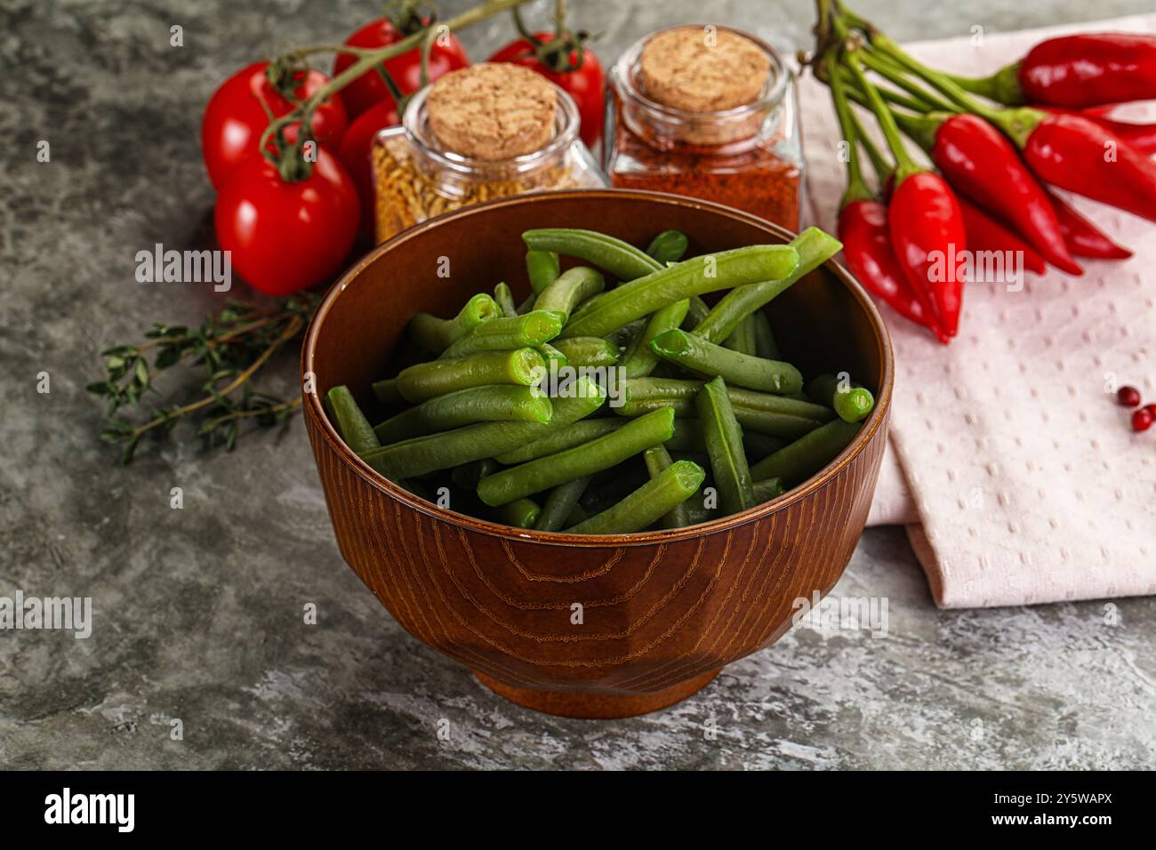 Vegan cuisine - boiled green bean snack Stock Photo - Alamy
