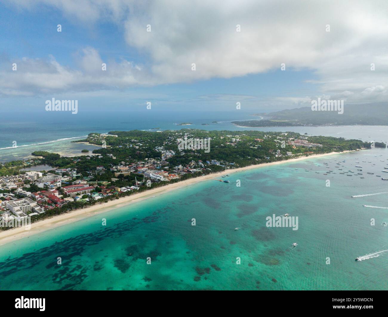 Aerial view of long stretch powdery white sand beach in Boracay. Island ...