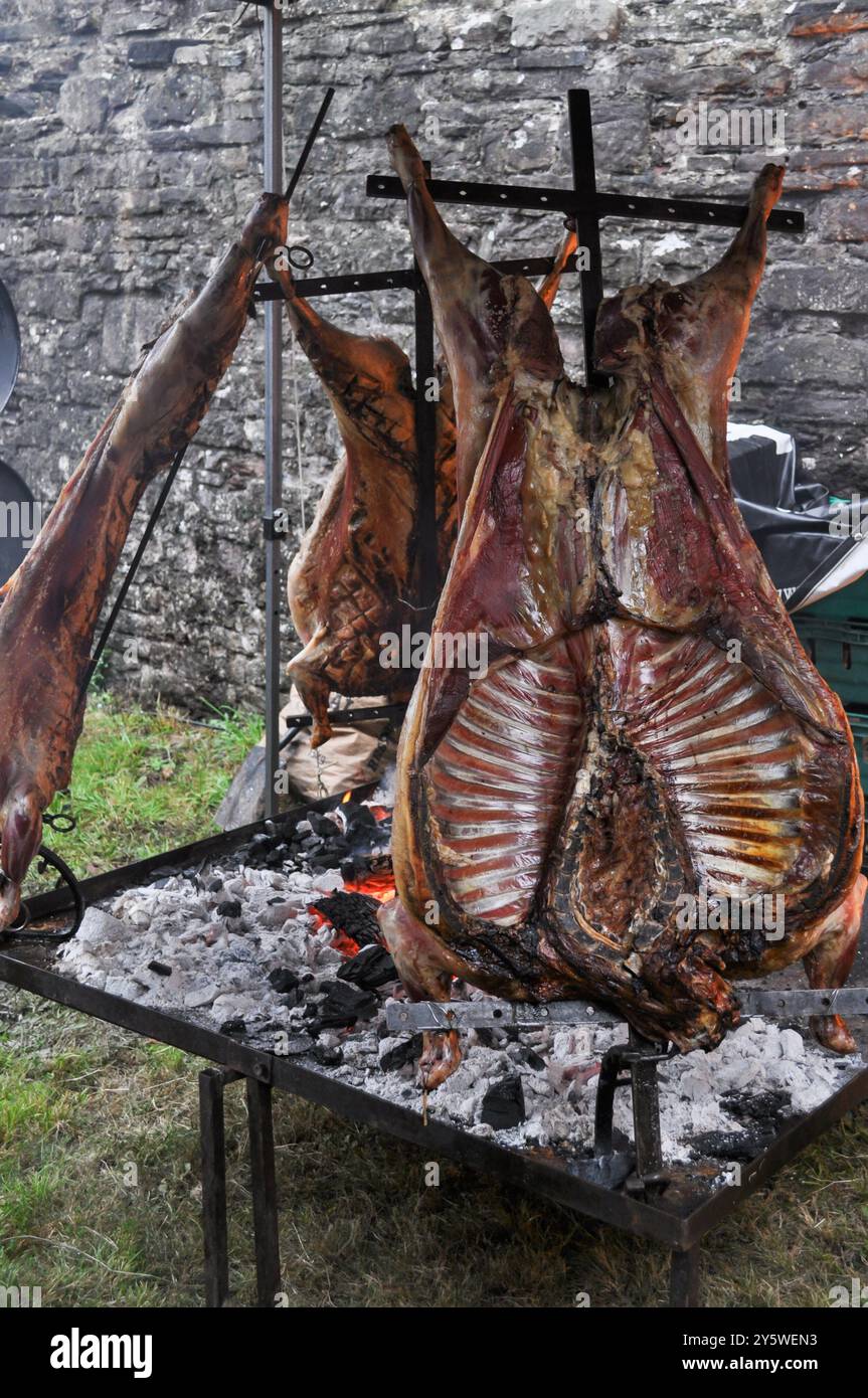 whole pig perfectly cooked on open flame charcoal BBQ grill. outdoor ...