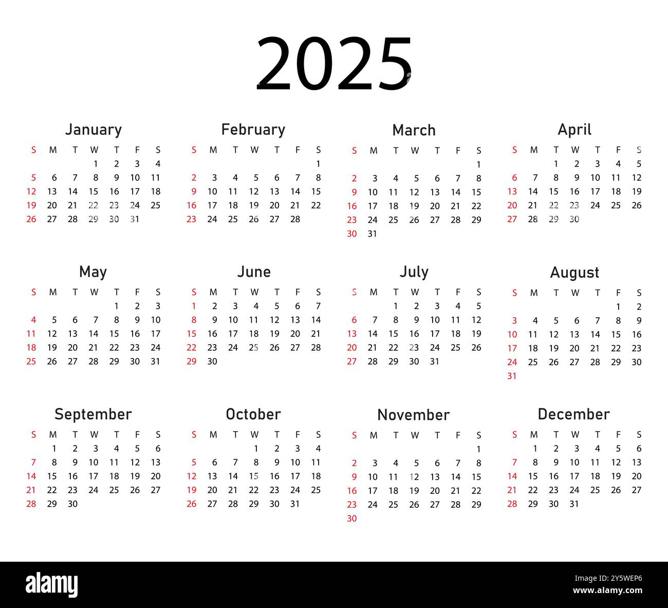 Calendar 2025 year. The week starts on Sunday Stock Vector Image & Art ...