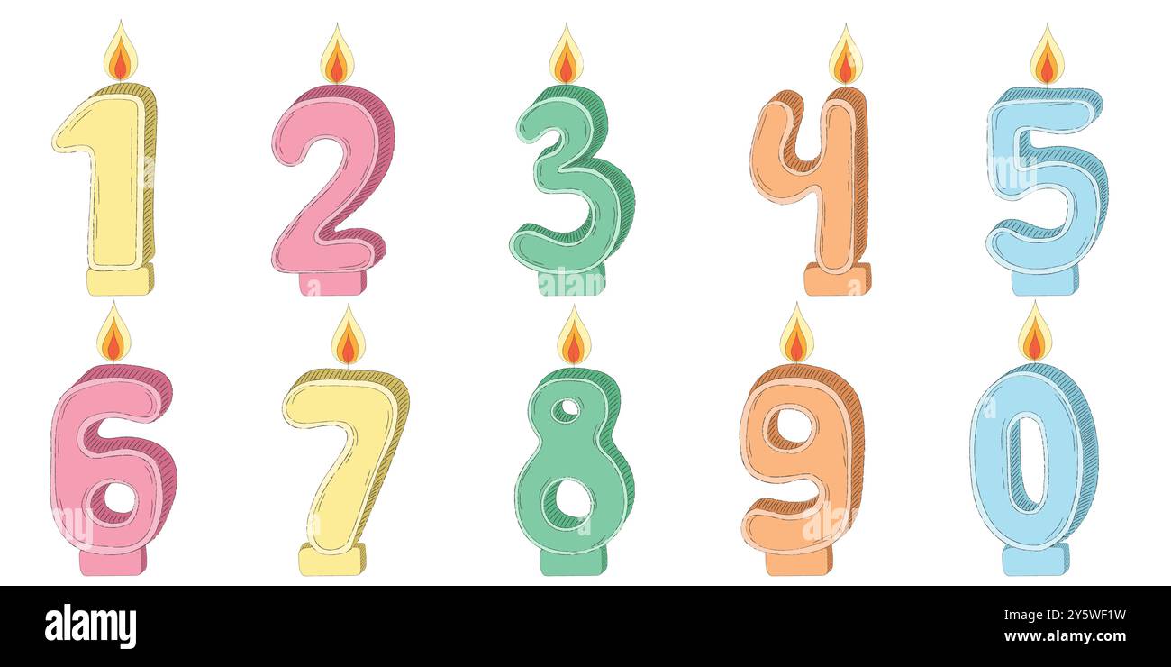 Set of Birthday candle numbers with burning flames in doodle style ...