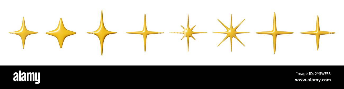 Set of 3D sparkling yellow stars in various shapes on a white background. Smooth and shiny ...