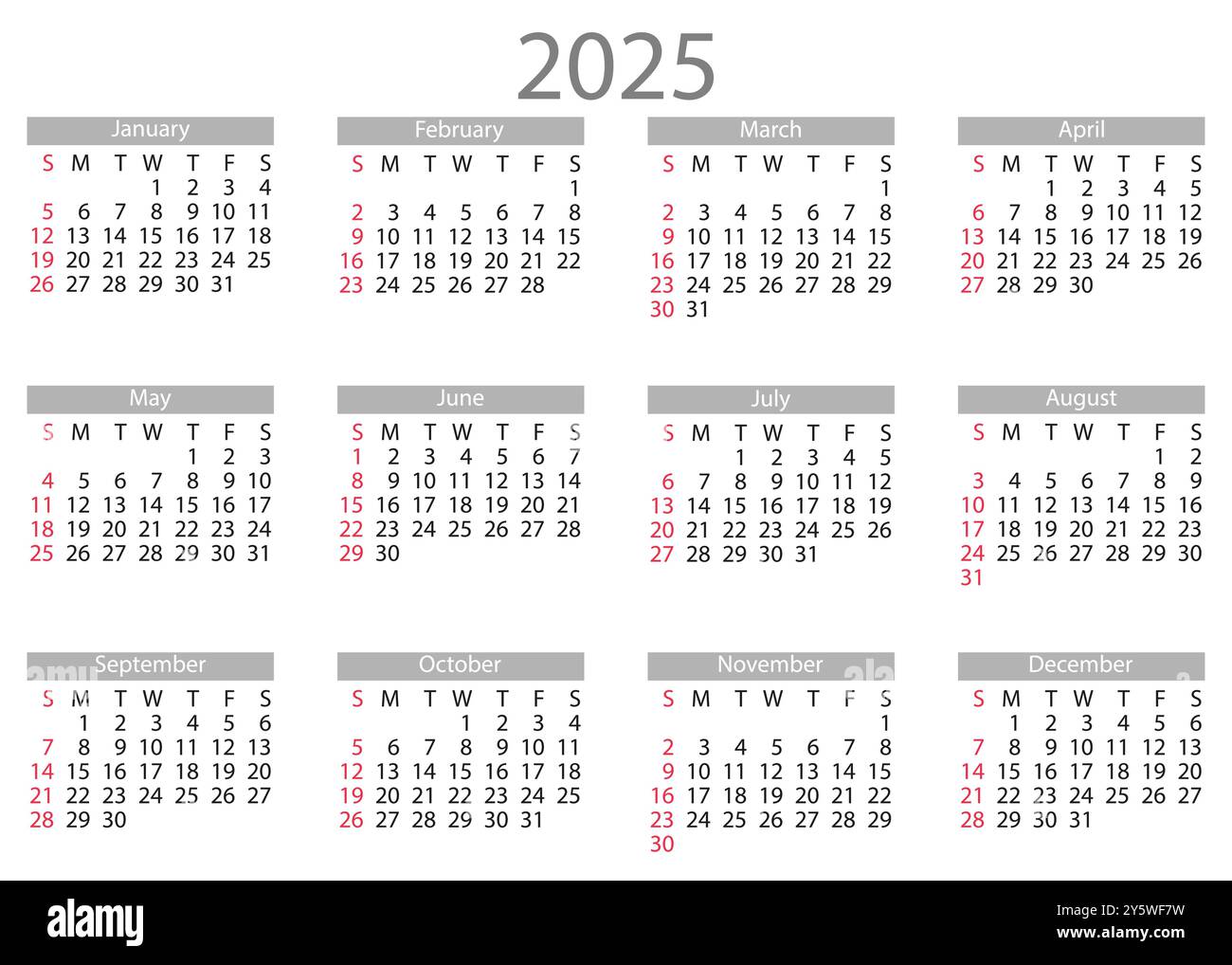 Calendar 2025 week starts Cut Out Stock Images & Pictures - Alamy