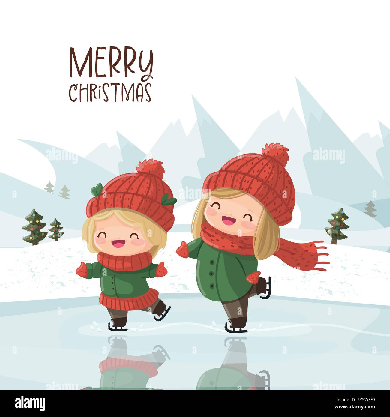 Two children having fun skating on ice together and a snowed landscape ...