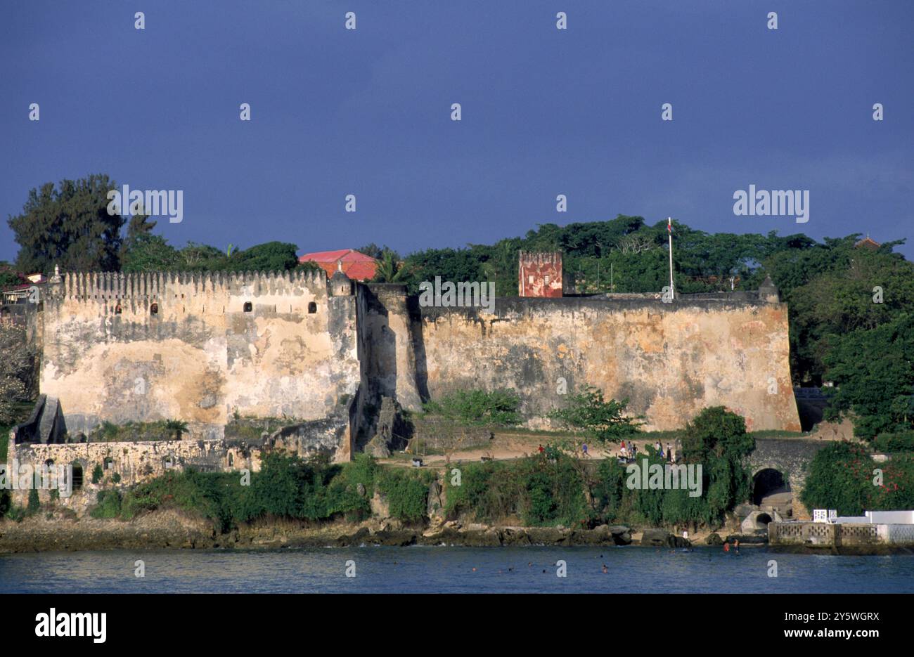 A distant view of Fort Jesus on the waterfront of Mombasa, Swahili ...