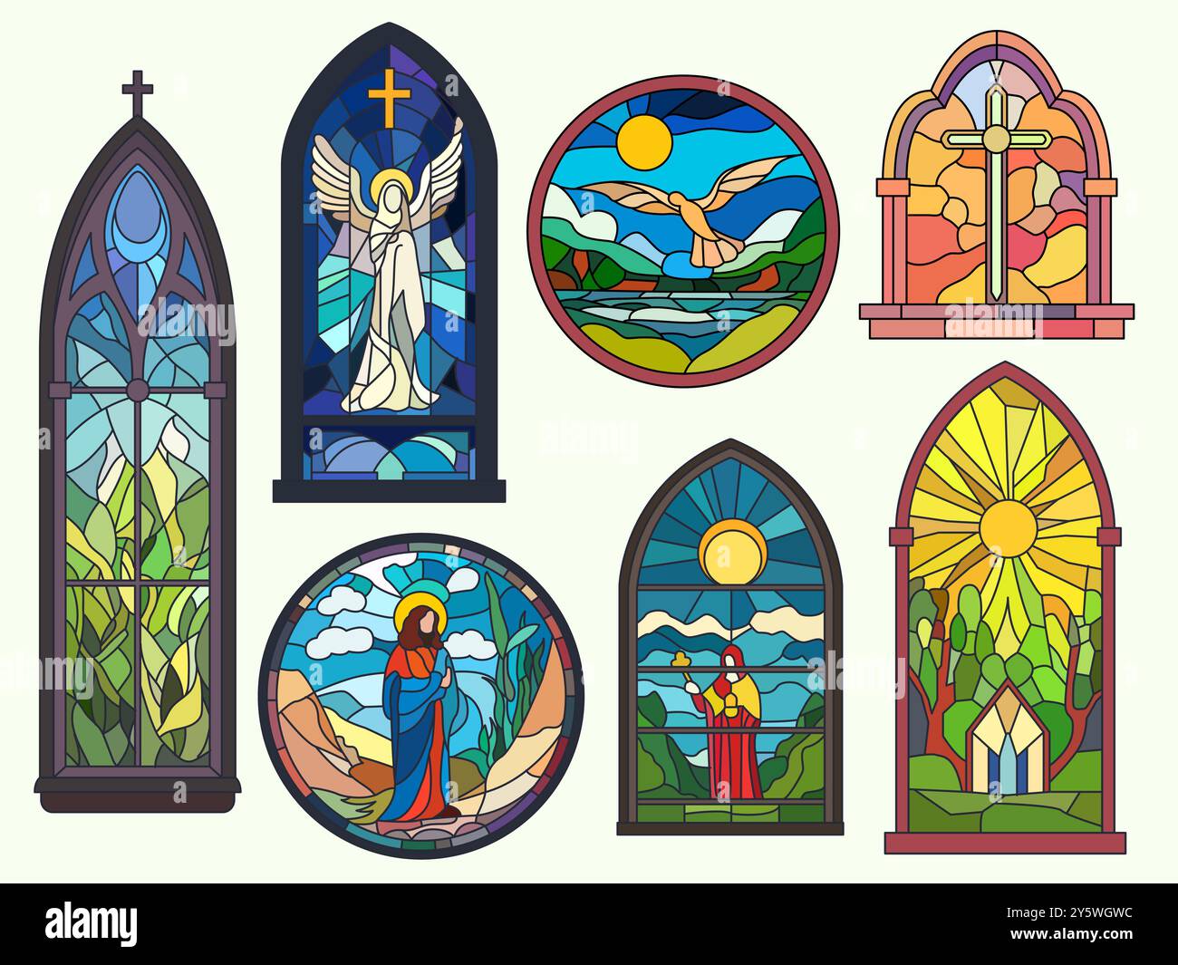Stained glass. Church mosaic frames, colorful pointed, round and arched ...