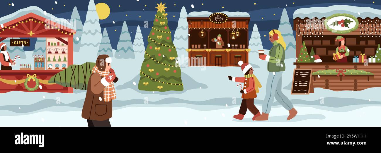 People at christmas market. Holiday shops with xmas gifts, souvenirs ...