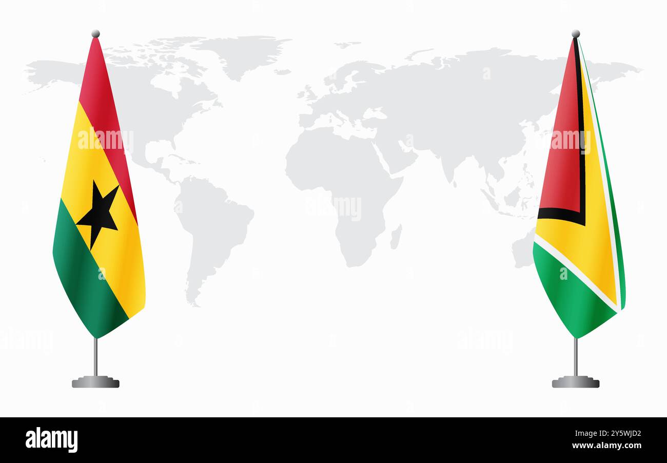 Ghana and Guyana flags for official meeting against background of world ...