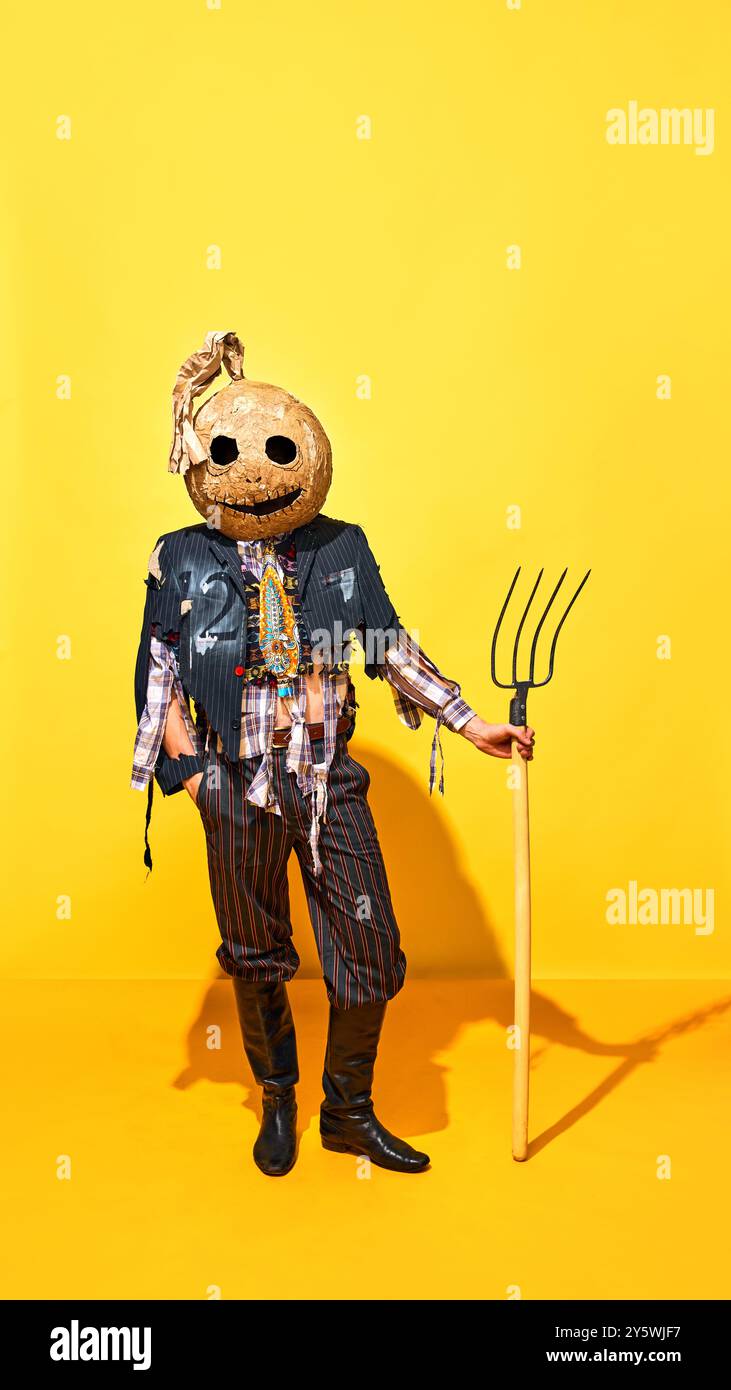 Halloween character wearing creepy masks, ripped clothes, holding ...