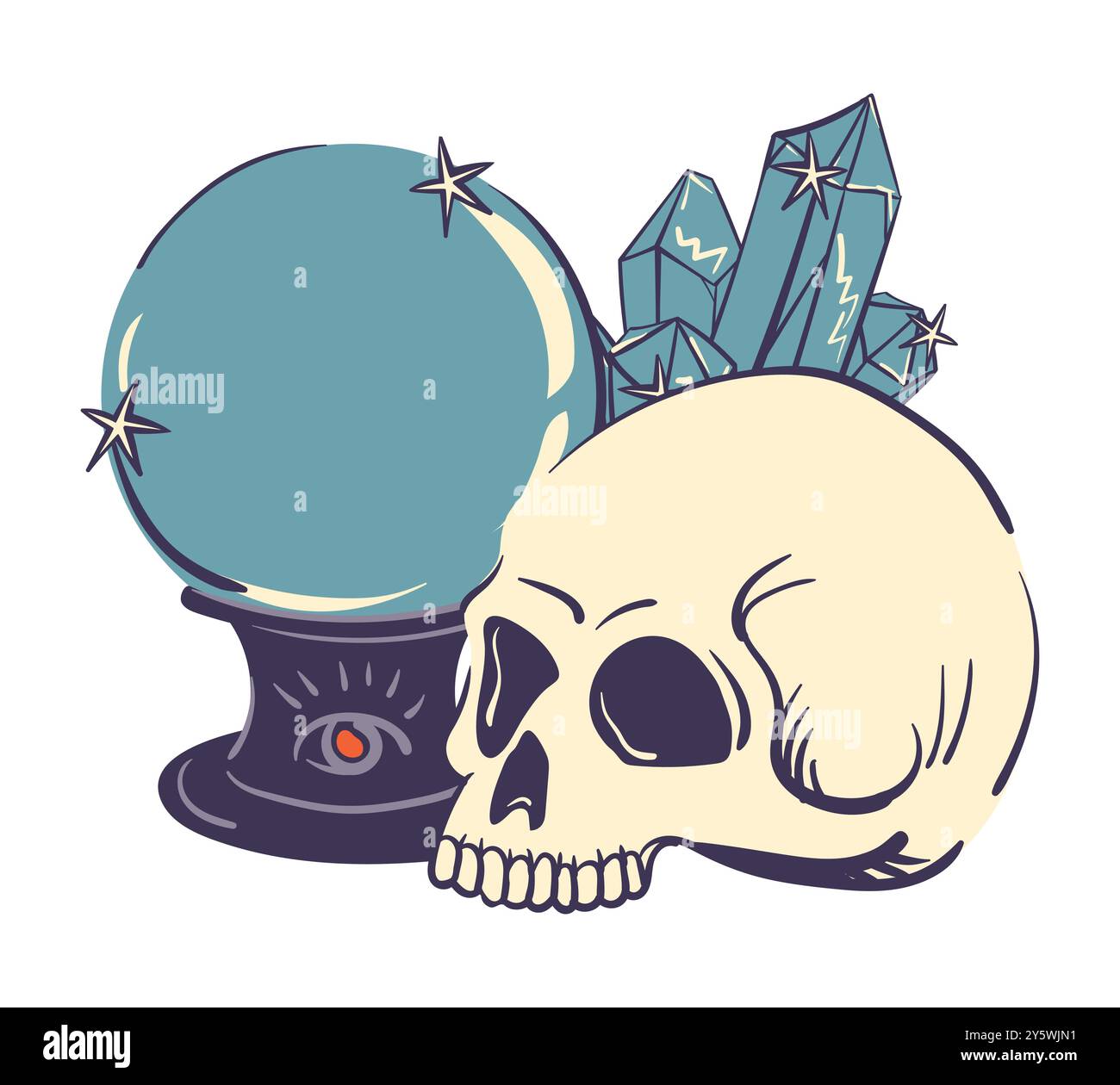 Vector mystical illustration with Magic ball, skull and crystals ...