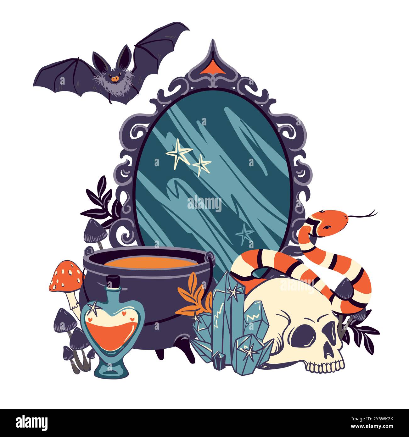 Vector mystical illustration with magic mirror, black cauldron, crystal ...