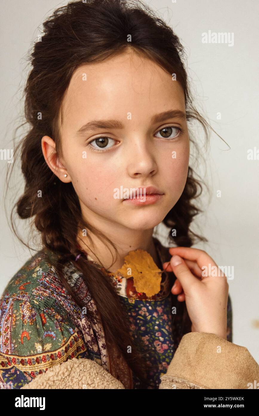 Portrait of a beautiful 7 years old girl. Close-up, studio Stock Photo ...