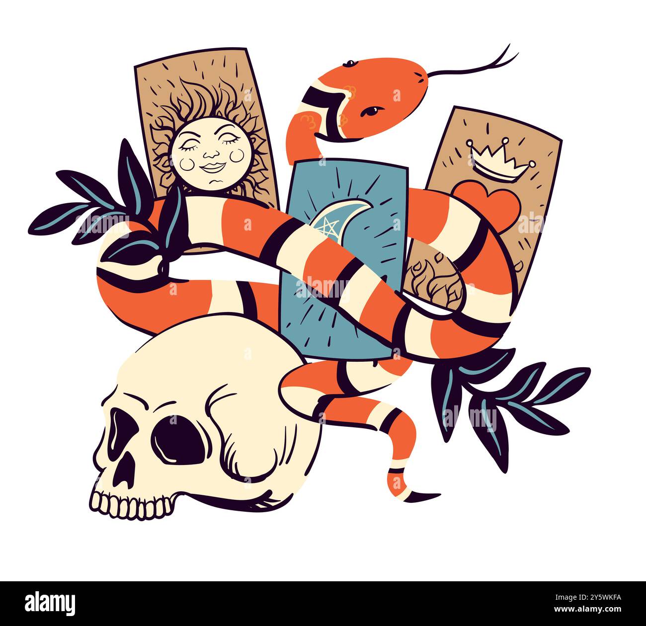 Vector Mystical illustration with tarot cards, skull and snake. Occult ...