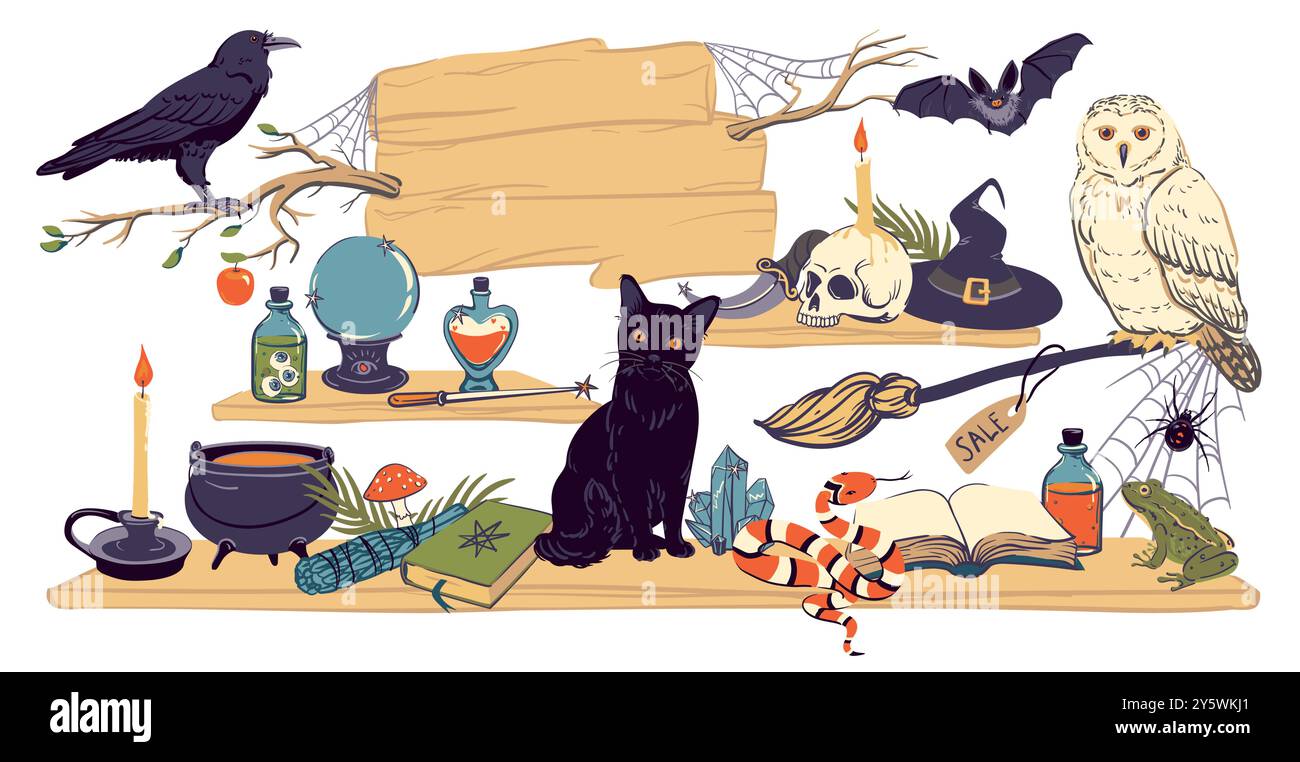 Showcase of a magic shop. Shelves with witchcraft and witchcraft goods ...