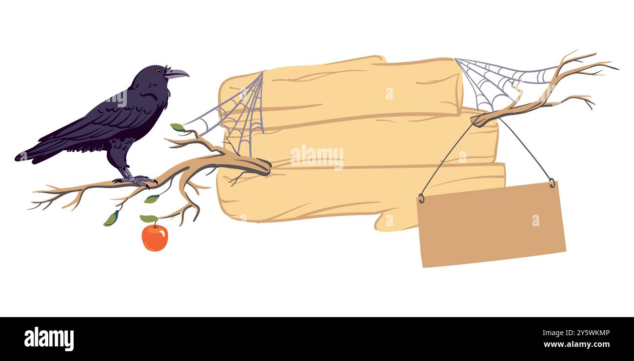 Wooden sign with black raven. Cartoon village banner, road navigation ...