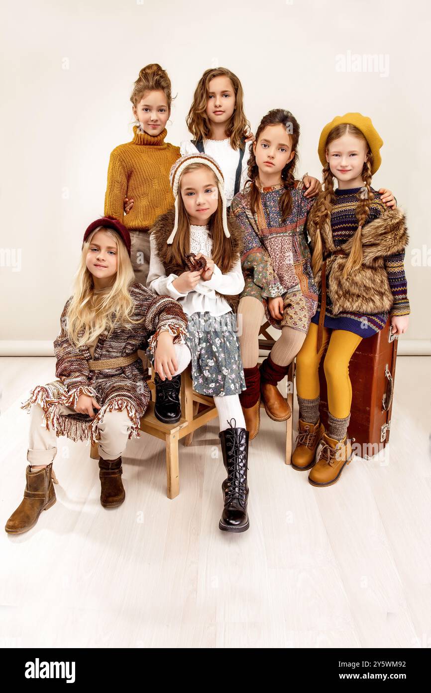 Group of first grade girls in fashionable clothes for school Stock ...
