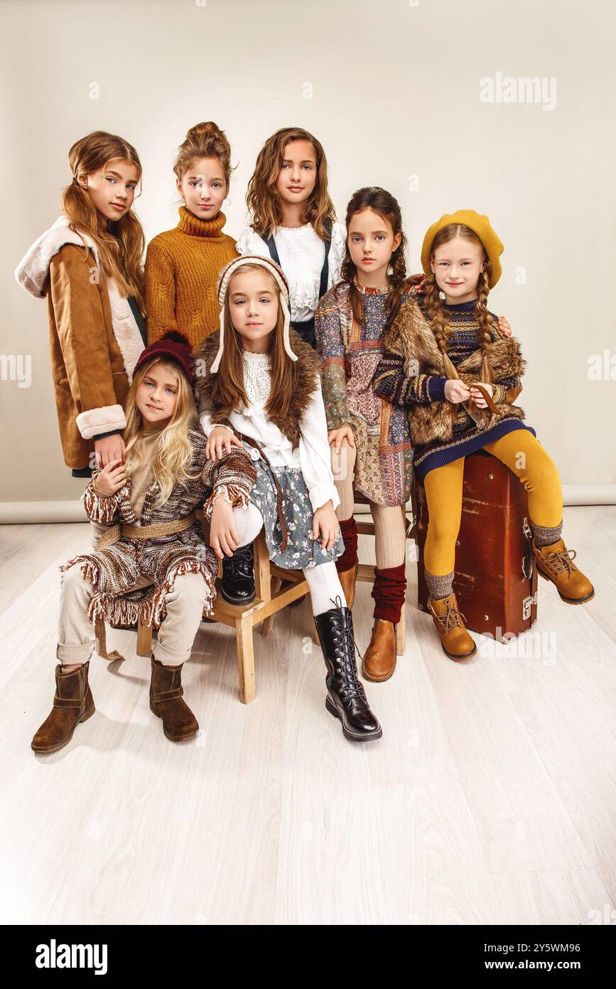 Group of first grade girls in fashionable clothes for school Stock ...