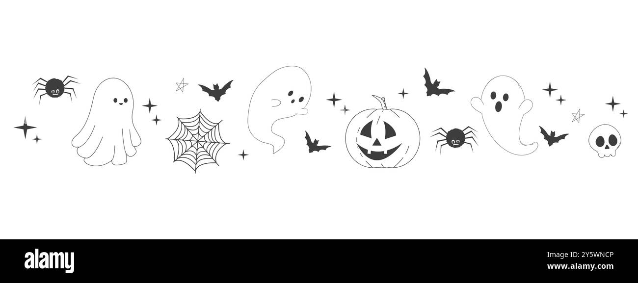 Cute halloween border, line ghost, pumpkin and silhouette bat, spider ...